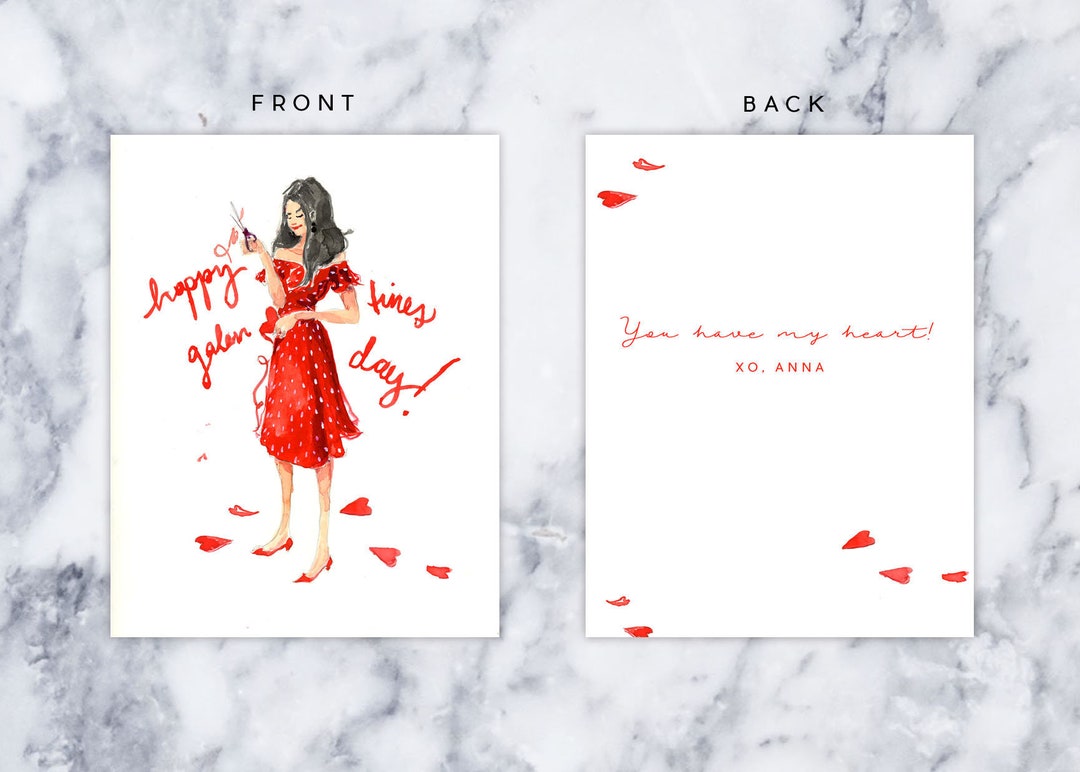 Personalized Valentine Flat Notecard: Galentine Heart Girl (red Dress ...
