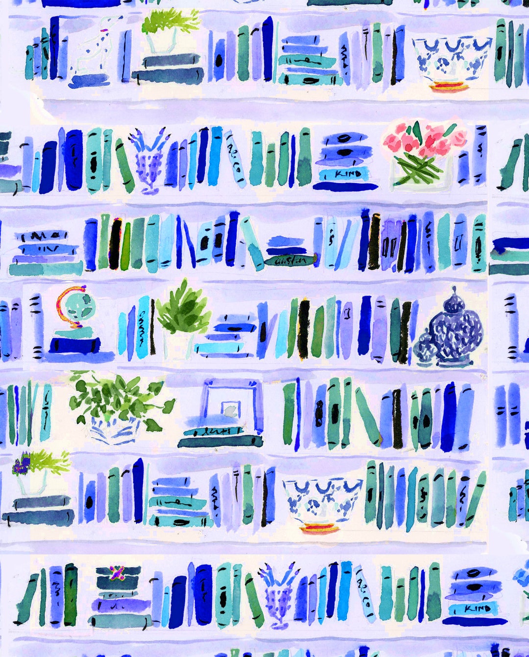 Art Print: Blue Bookshelf {cute Wall Art, Home Decorating, Original ...