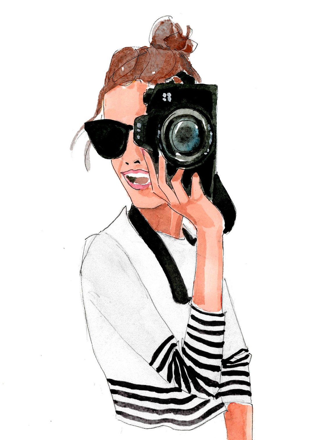 Art Print: Camera Girl in Black and White Stripe {wall Art, Home ...
