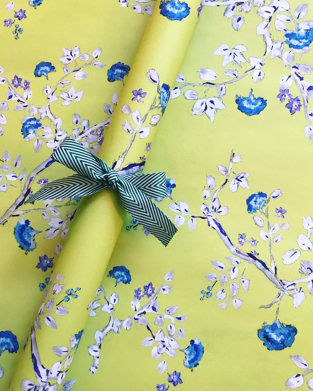 New! Chic Wrapping Paper: Chartreuse Chinoiserie Gift Wrap (blue and ...