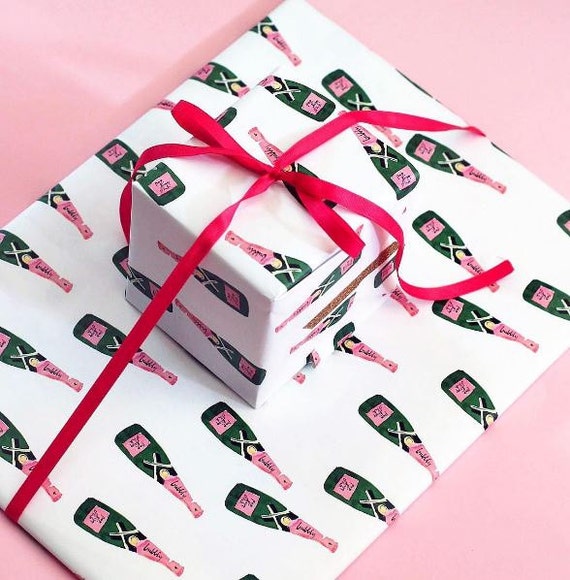 Cute Wrapping Paper Bubbly Champagne Gift Wrap pink and Green Wrapping Paper christmas Holiday Birthday Gift Wrap Etsy