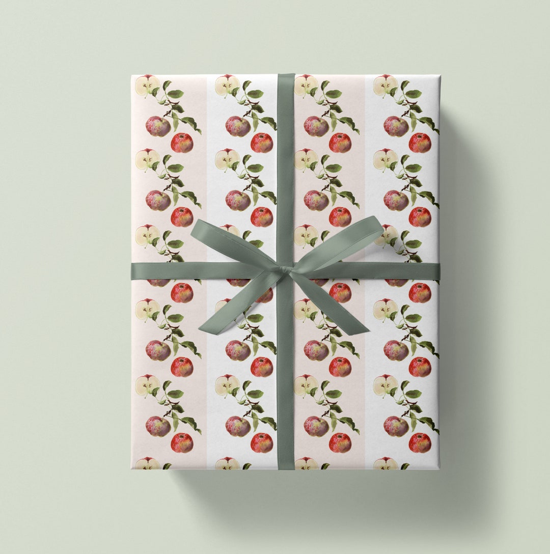 Apple Wrapping Paper - Teacher Gift Wrap, Red Watercolor Stripe Apple ...