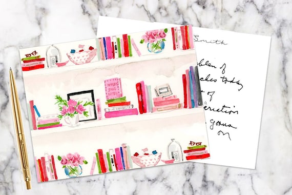 Personalized Stationery Notecards: Pink Bookshelf Stationary | Etsy