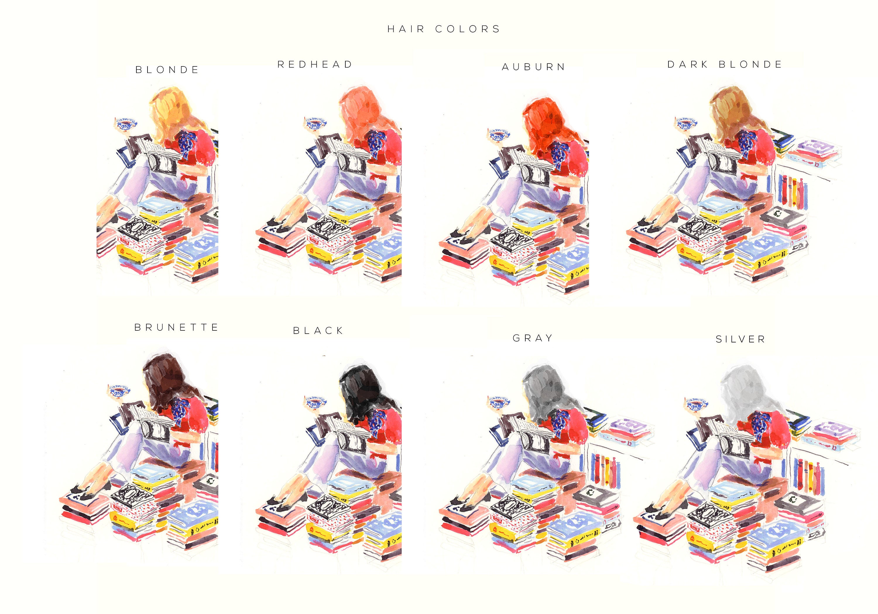 Custom Stationery Girl: Book Stack Girl working From Home - Etsy