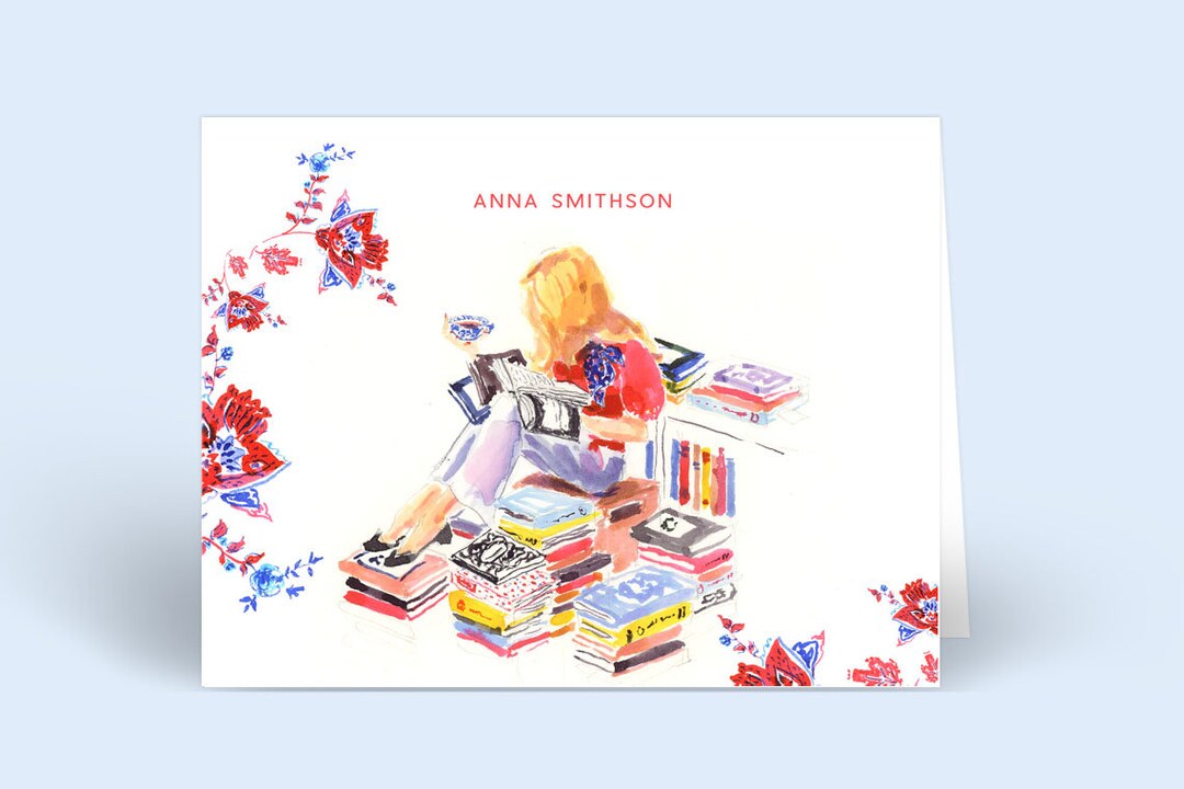 Folded Cards: Book Stack Girl {working From Home, Stationary Notecards ...