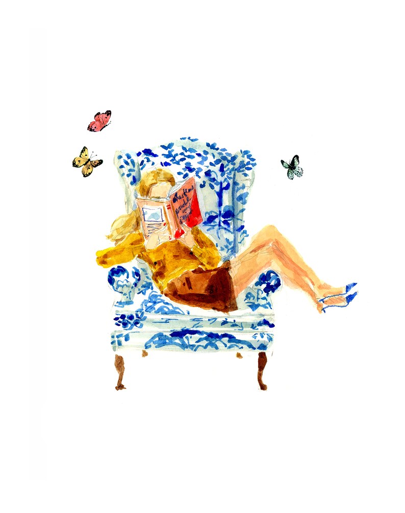 Art Print: Blue Chair Butterfly Reader {working From Home, Cute Wall ...