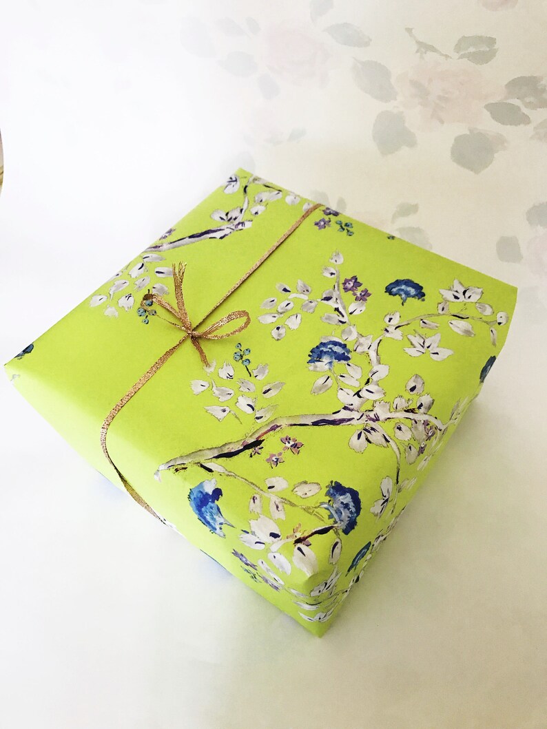 New! Chic Wrapping Paper: Chartreuse Chinoiserie Gift Wrap (blue and ...