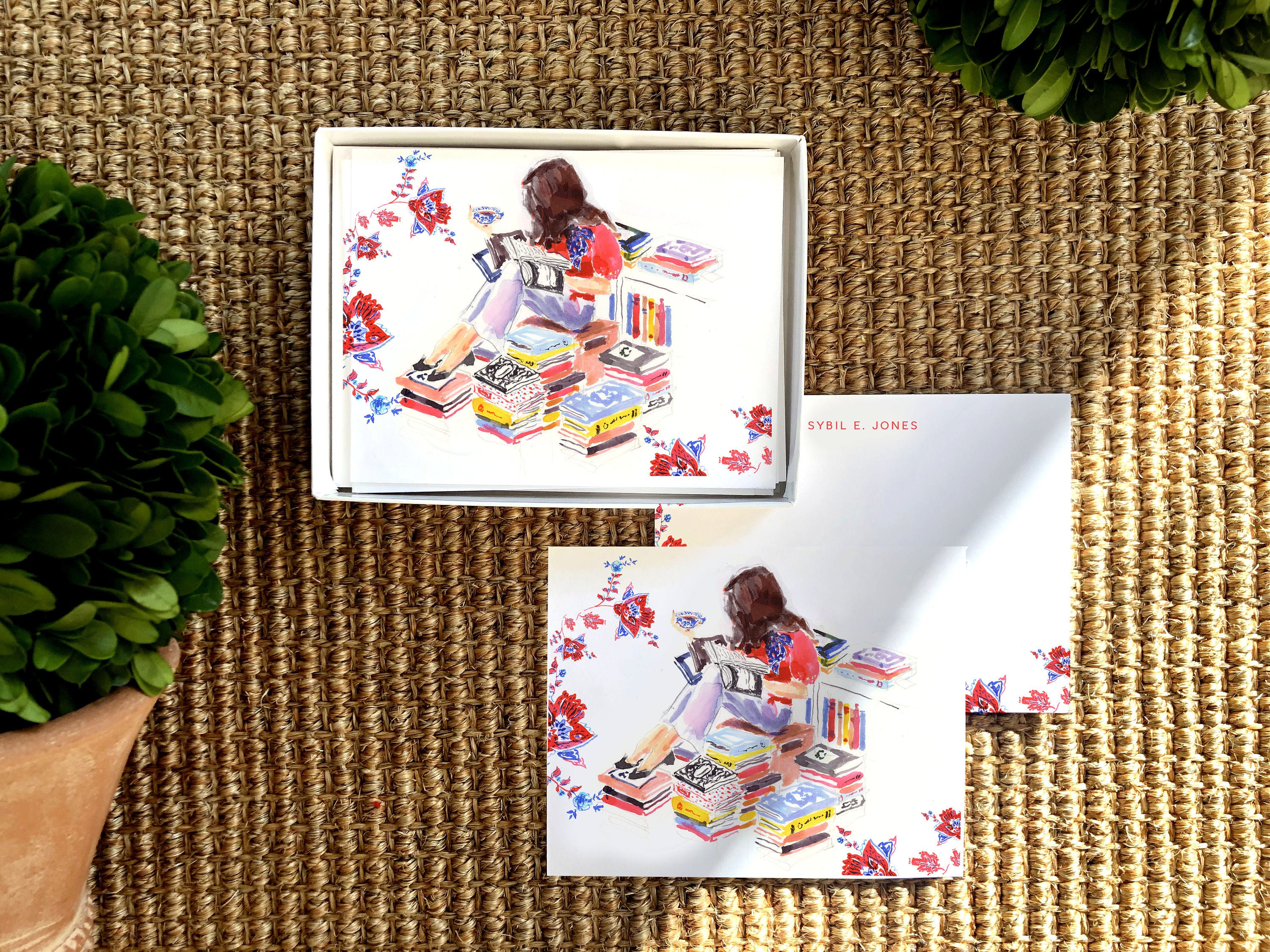 Custom Stationery Girl: Book Stack Girl working From Home - Etsy