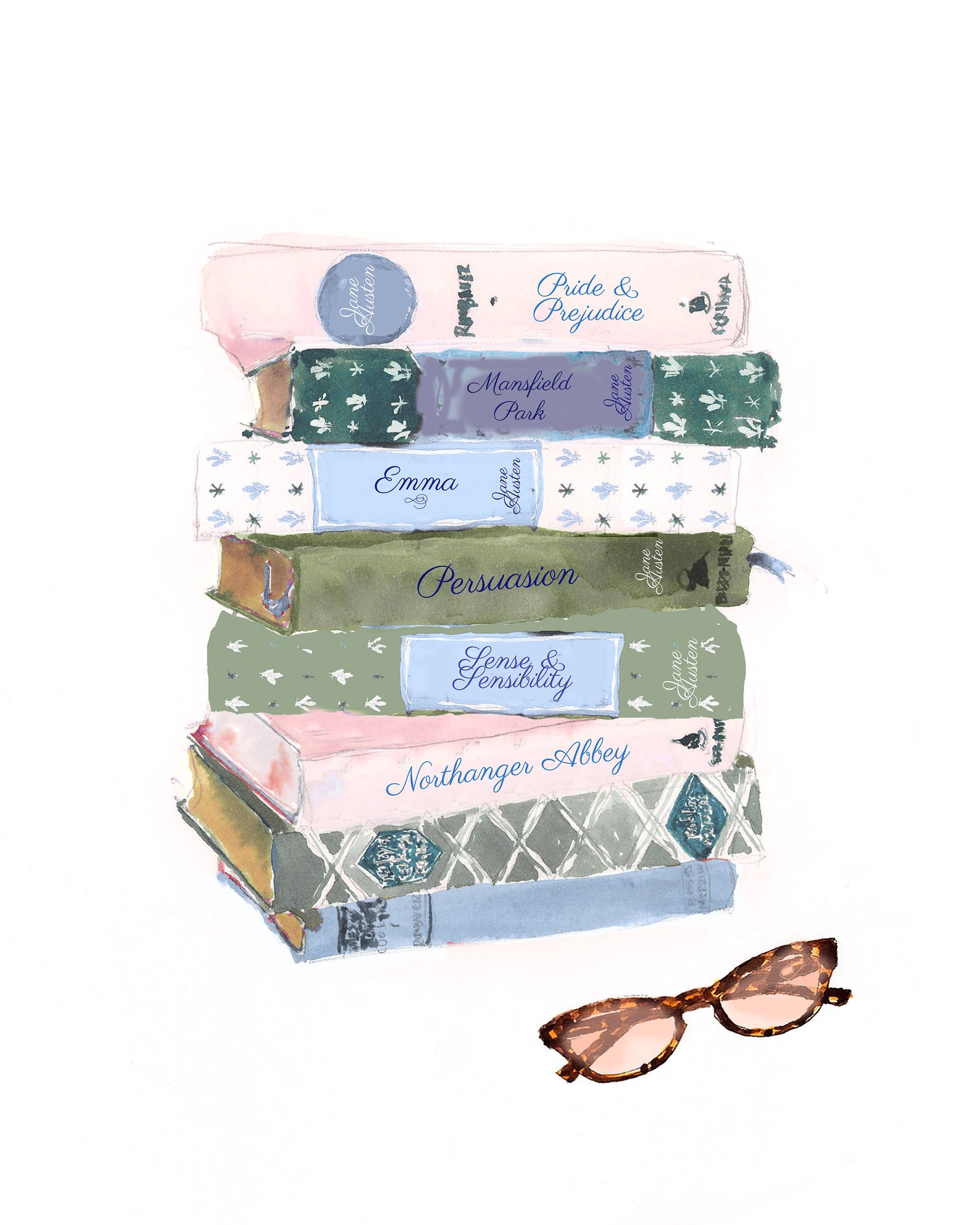 Art Print: Blue Jane Austen Book Stack cute Wall Art Home - Etsy