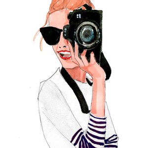 Art Print: Camera Girl in Navy and White {cute Wall Art, Home ...