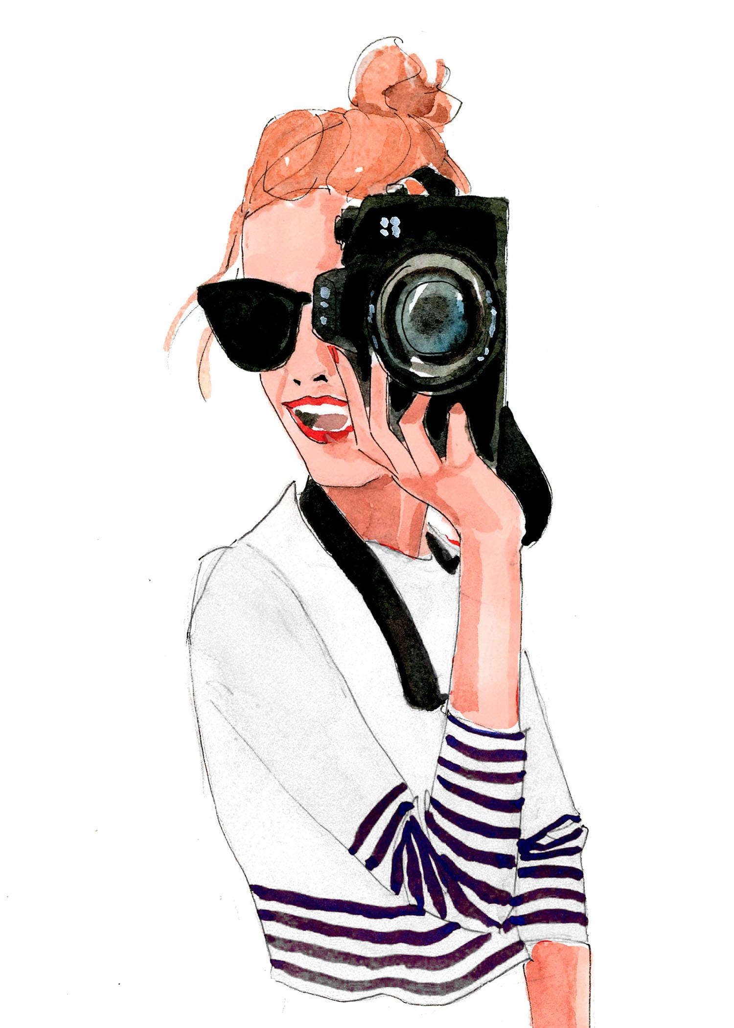 Art Print: Camera Girl in Navy and White {cute Wall Art, Home ...