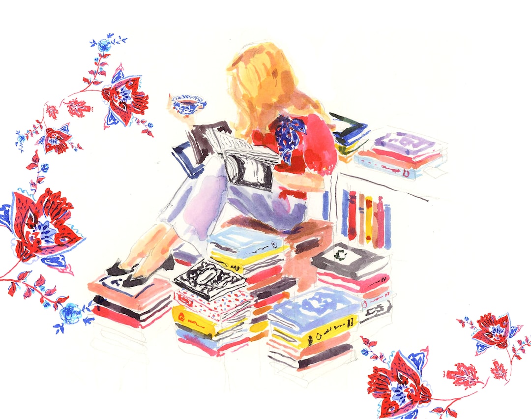 Art Print: Book Stack Girl {cute Wall Art, Home Decorating, Original ...