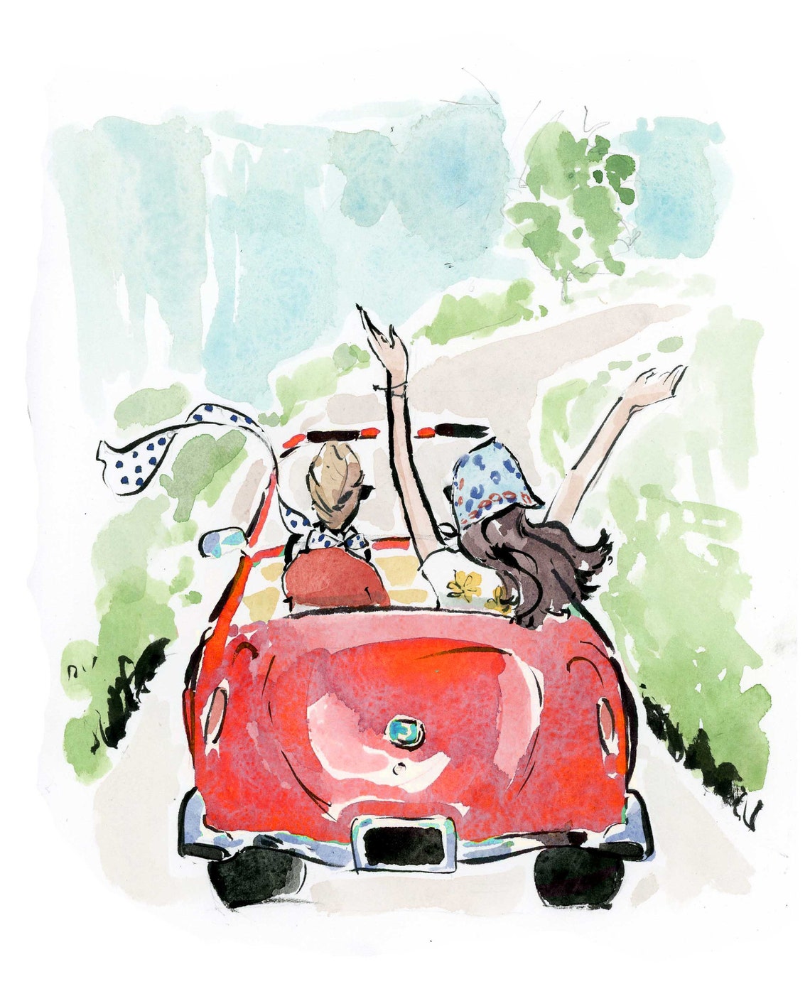 Art Print: Convertible Girls in Red cute Wall Art Home | Etsy