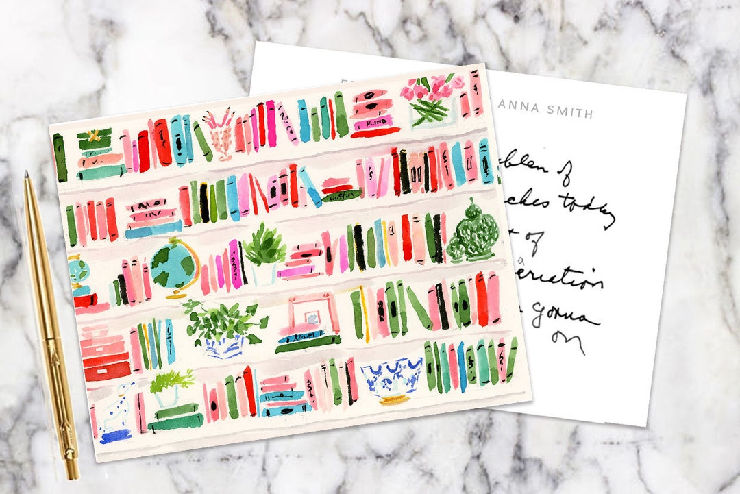 Personalized Bookshelf Note cards - Custom Watercolor Book‑lover ...