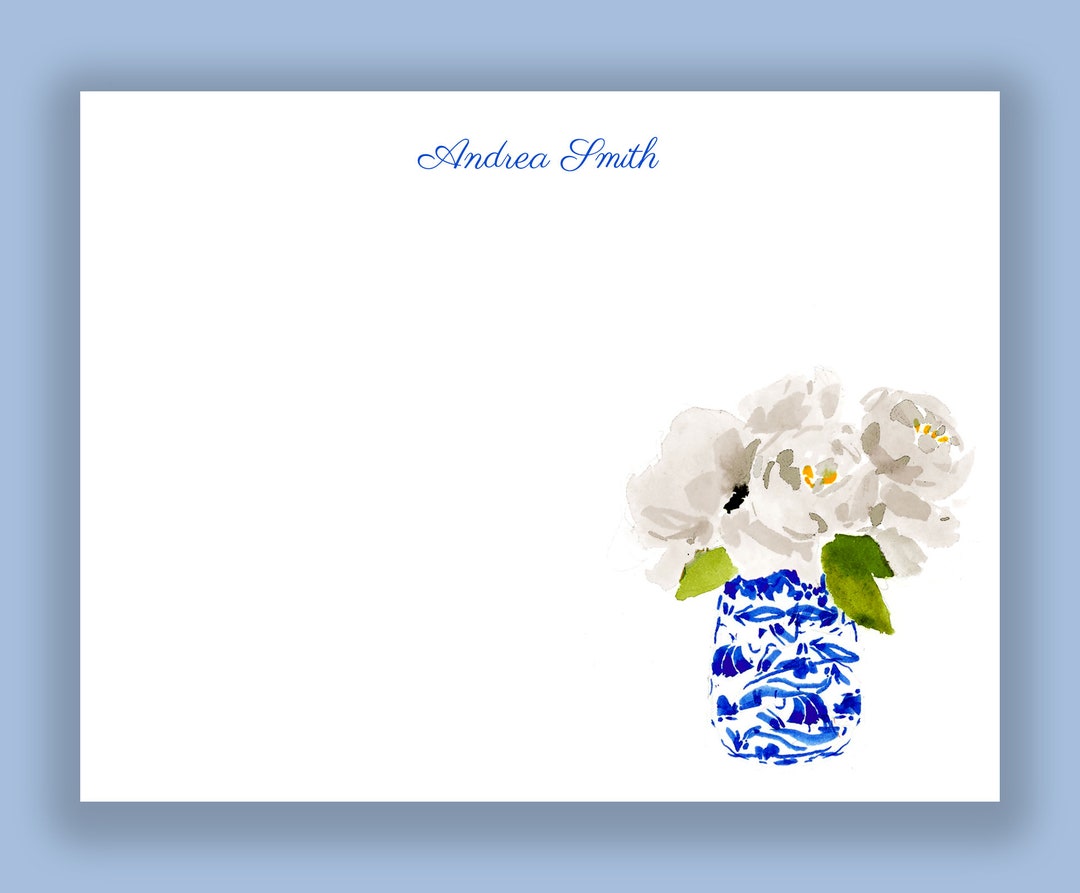 Personalized Stationery White Peonies Script Font {ginger Jar ...