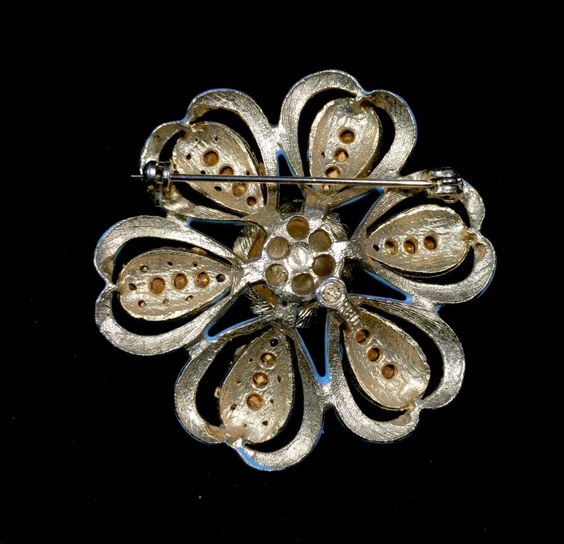 Vintage Classic PELL, Gold Tone Turquoise Rhinestone Flower Brooch - Etsy