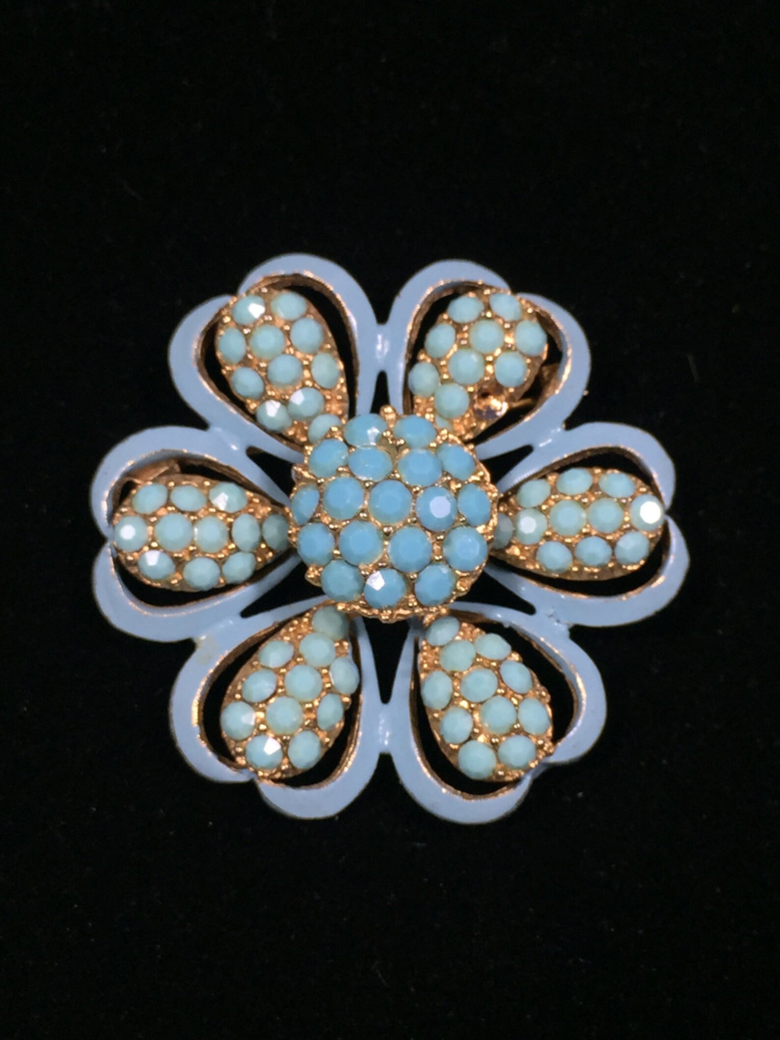 Vintage Classic PELL, Gold Tone Turquoise Rhinestone Flower Brooch - Etsy