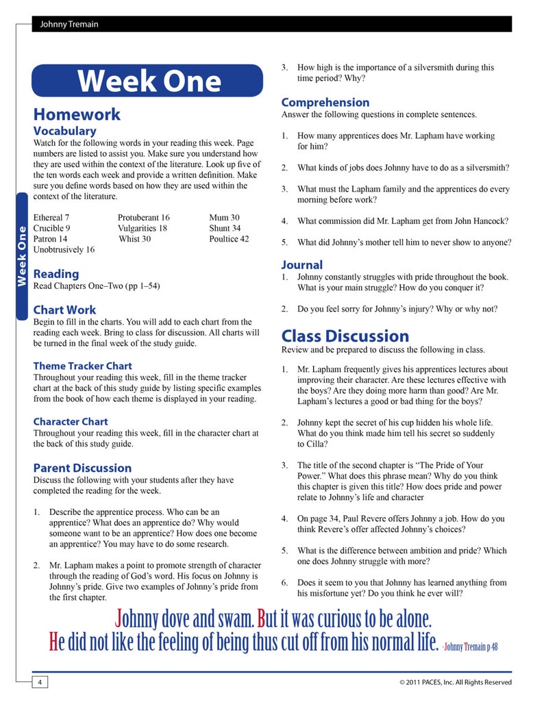 Johnny Tremain - Study Guide With Answer Key - Etsy