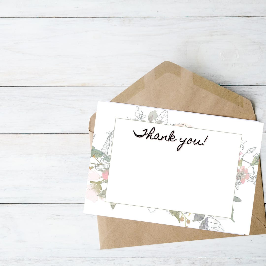Watercolor Floral Simple Thank You Note Double/single Sided With White ...