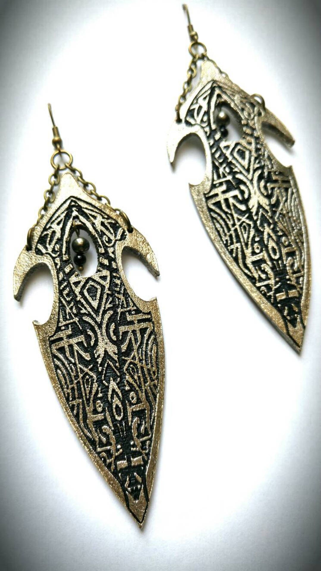Long Elegant Shield Earrings Leather Earrings Golden Bronze Elven ...