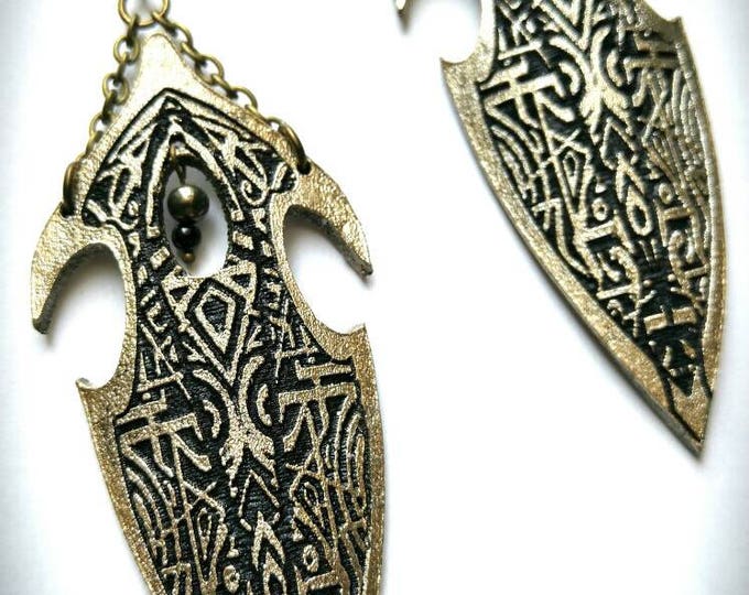Long Elegant Shield Earrings Leather Earrings Golden Bronze Elven ...