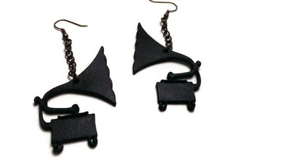 Black Leather Victorian Gramophone Earrings | Etsy