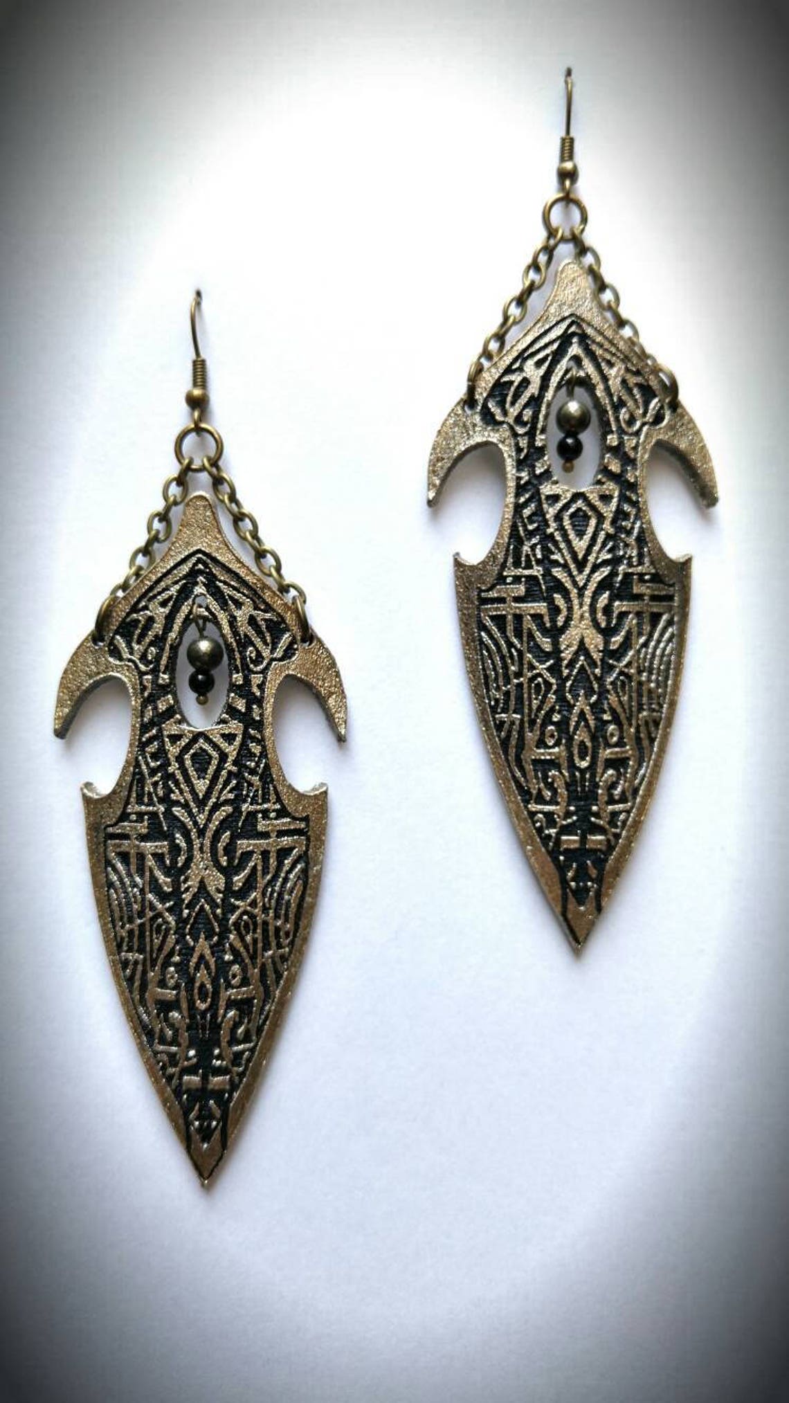 Long Elegant Shield Earrings Leather Earrings Golden Bronze Elven ...