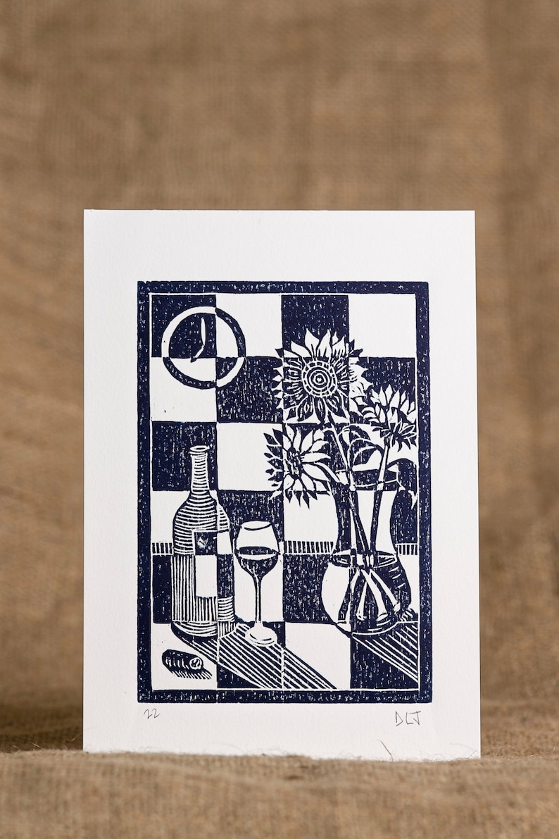 Still Life Linocut Print: Sunflowers, Wine, Checkered - A5 - Etsy