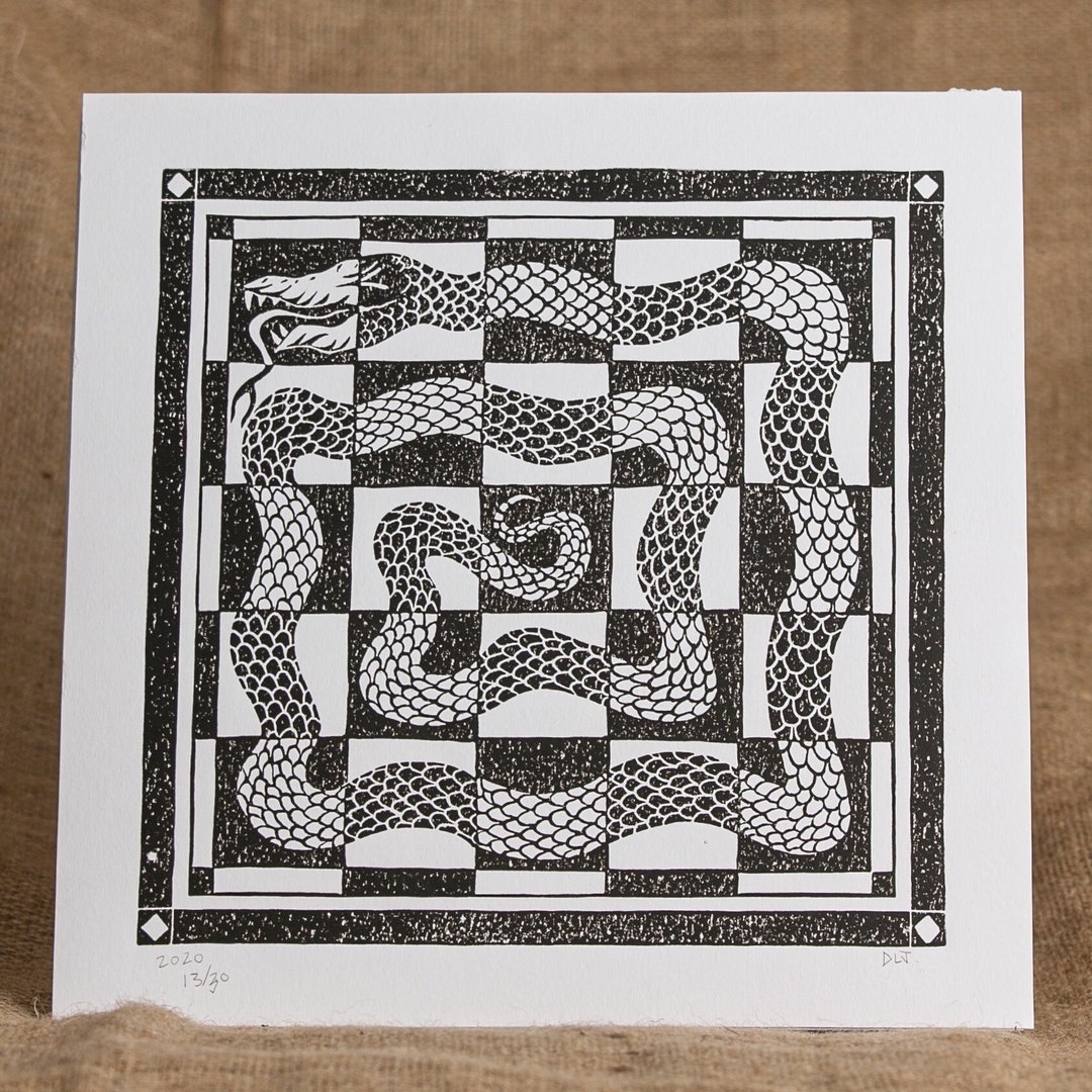 Checkered Snake Lino Print. 30cm X 30cm Square Handmade and Printed ...