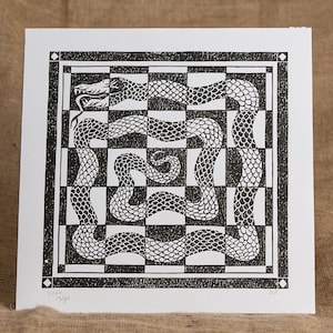 Checkered Snake Lino Print. 30cm X 30cm Square Handmade and Printed ...