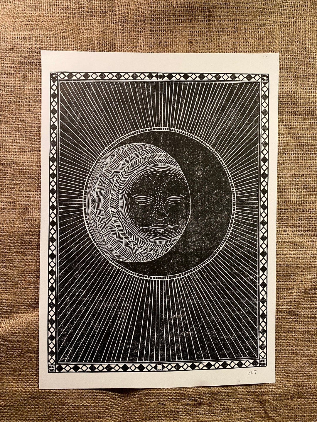 Large Sun and Moon Lino Print, Original Art Print. Black & White ...
