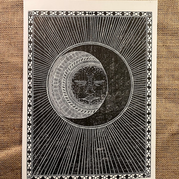 Linocut Moon - Etsy