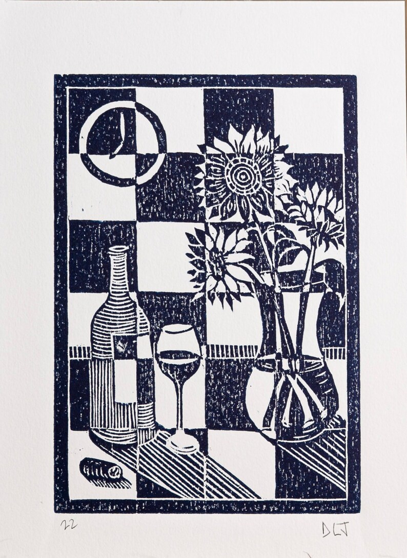Still Life Linocut Print: Sunflowers, Wine, Checkered - A5 - Etsy