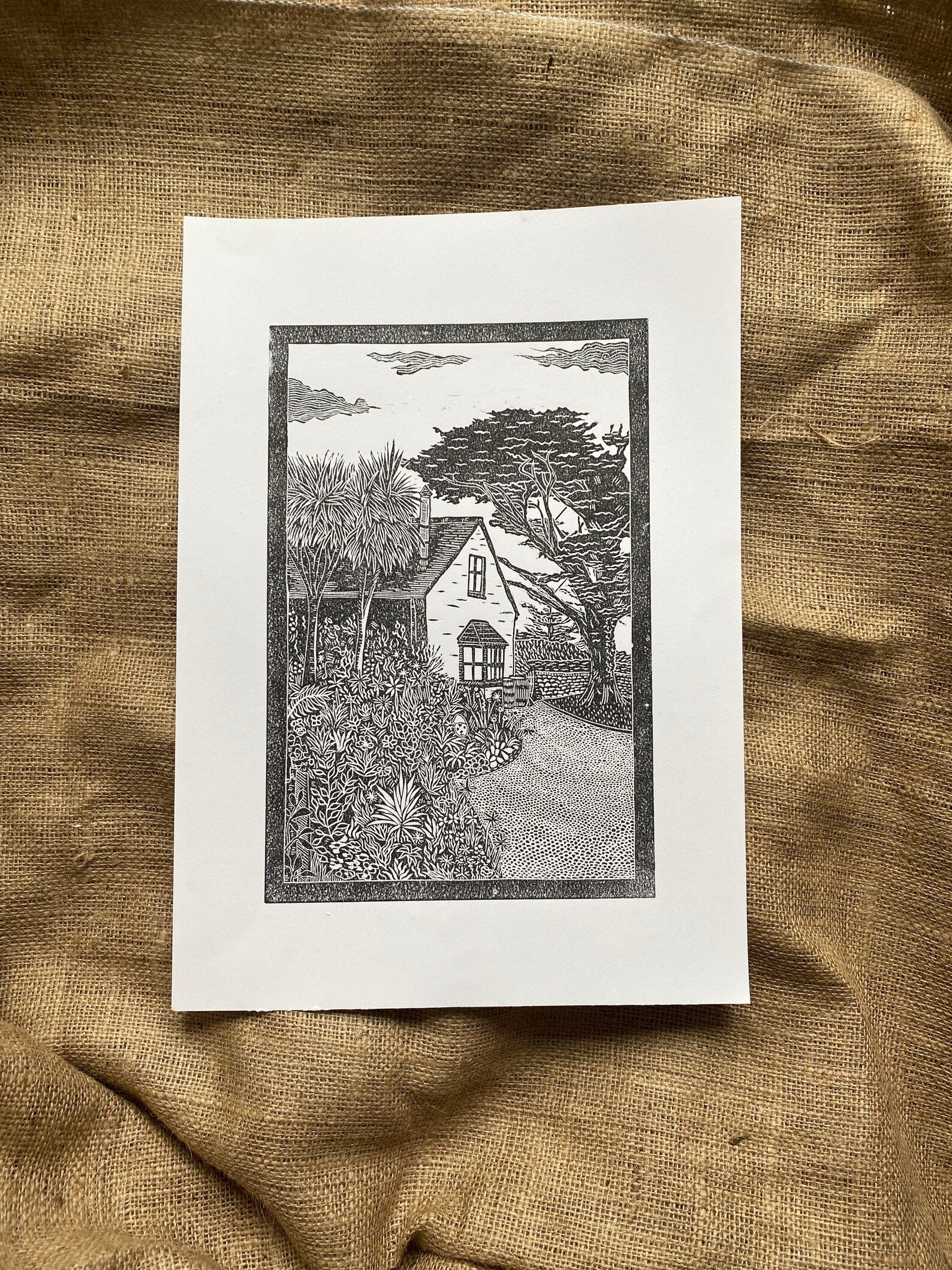 Cornish Cottage Linoprint, Original A3 Art Print. A Cottage in a ...