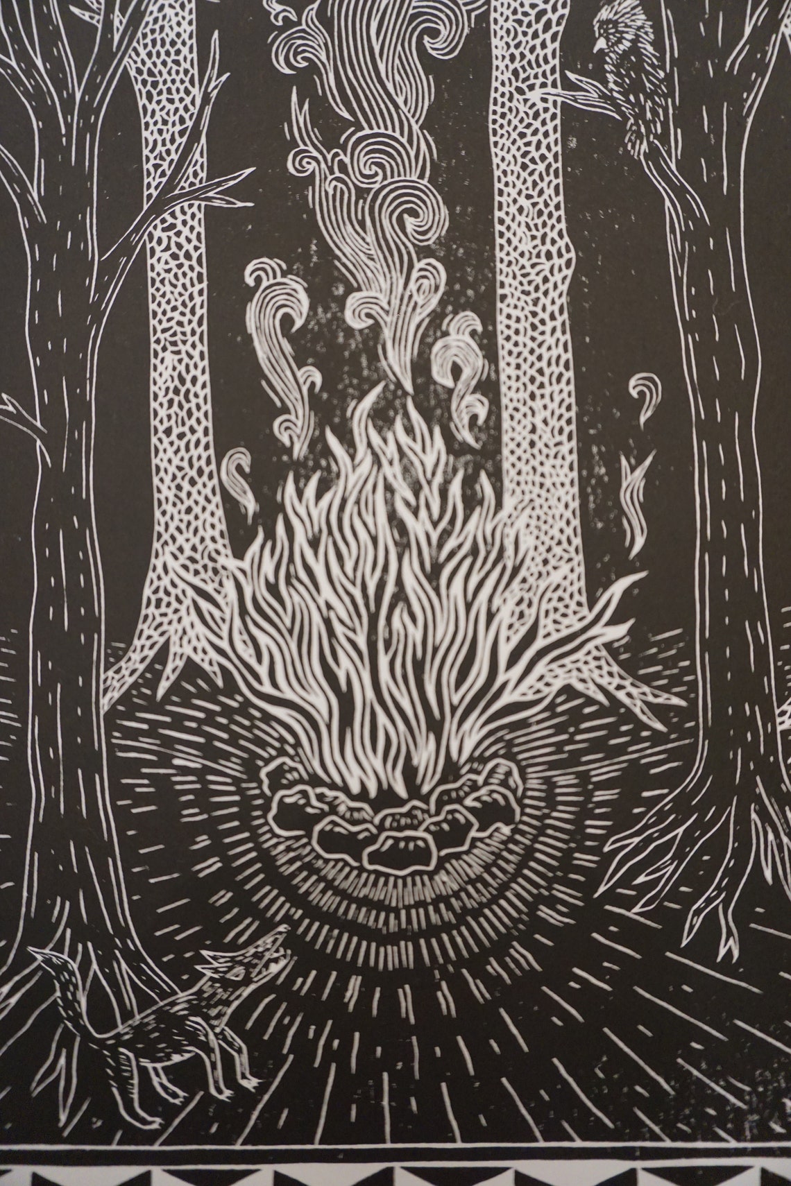 Woodland Camp Fire Lino Print Handmade Linocut Original Art | Etsy