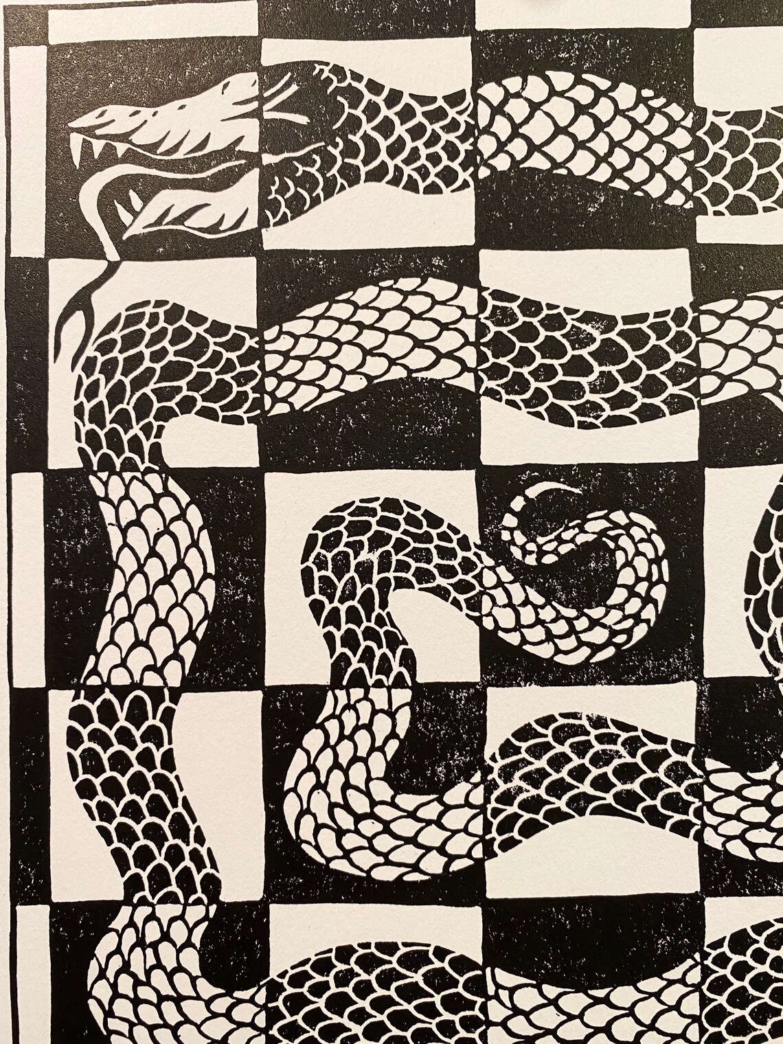 Checkered Snake Lino Print. 30cm X 30cm Square Handmade and | Etsy