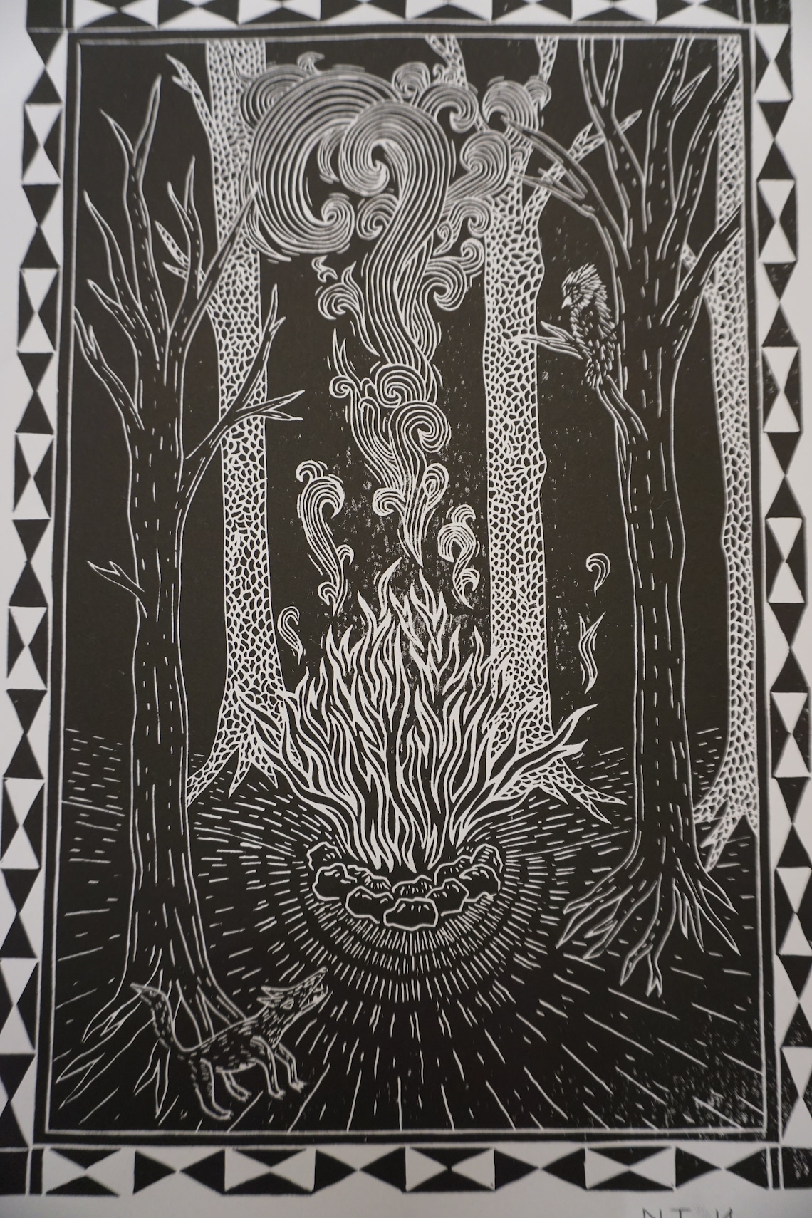 Woodland Camp Fire Lino Print Handmade Linocut Original Art | Etsy UK