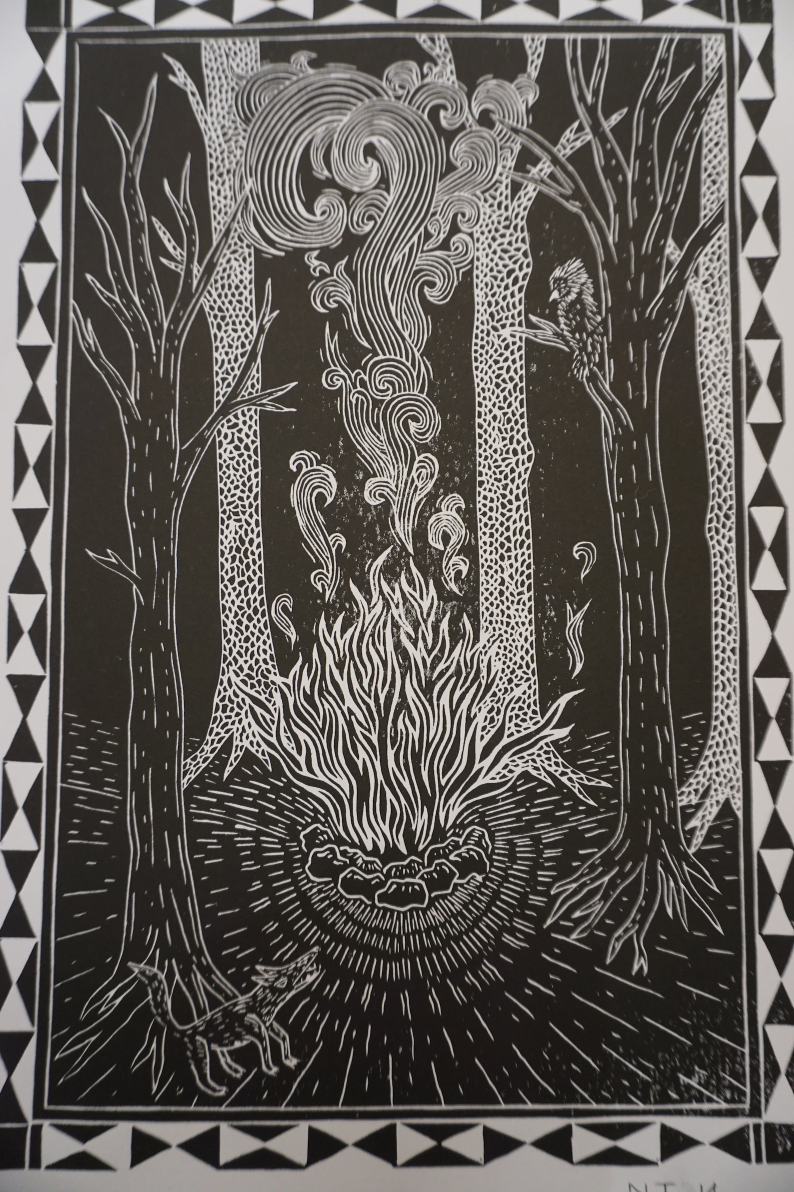 Woodland Camp Fire Lino Print, Handmade Linocut Original Art Print ...