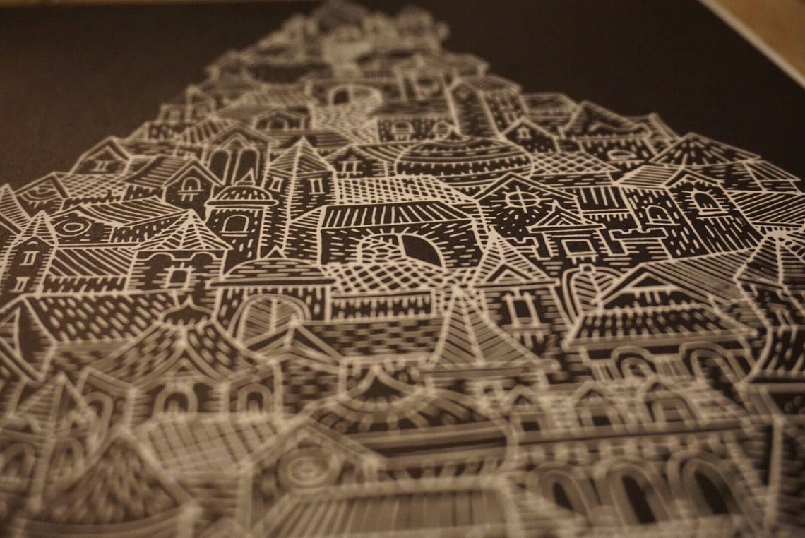 Walled City Lino Print Linocut print A4 Black & White | Etsy