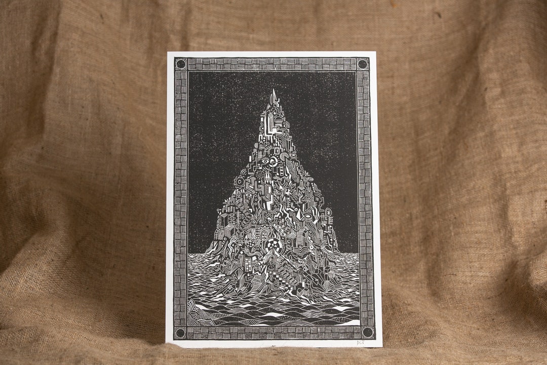 Abstract Island A3 Lino Print, Abstract Landscape of a City in a Choppy ...