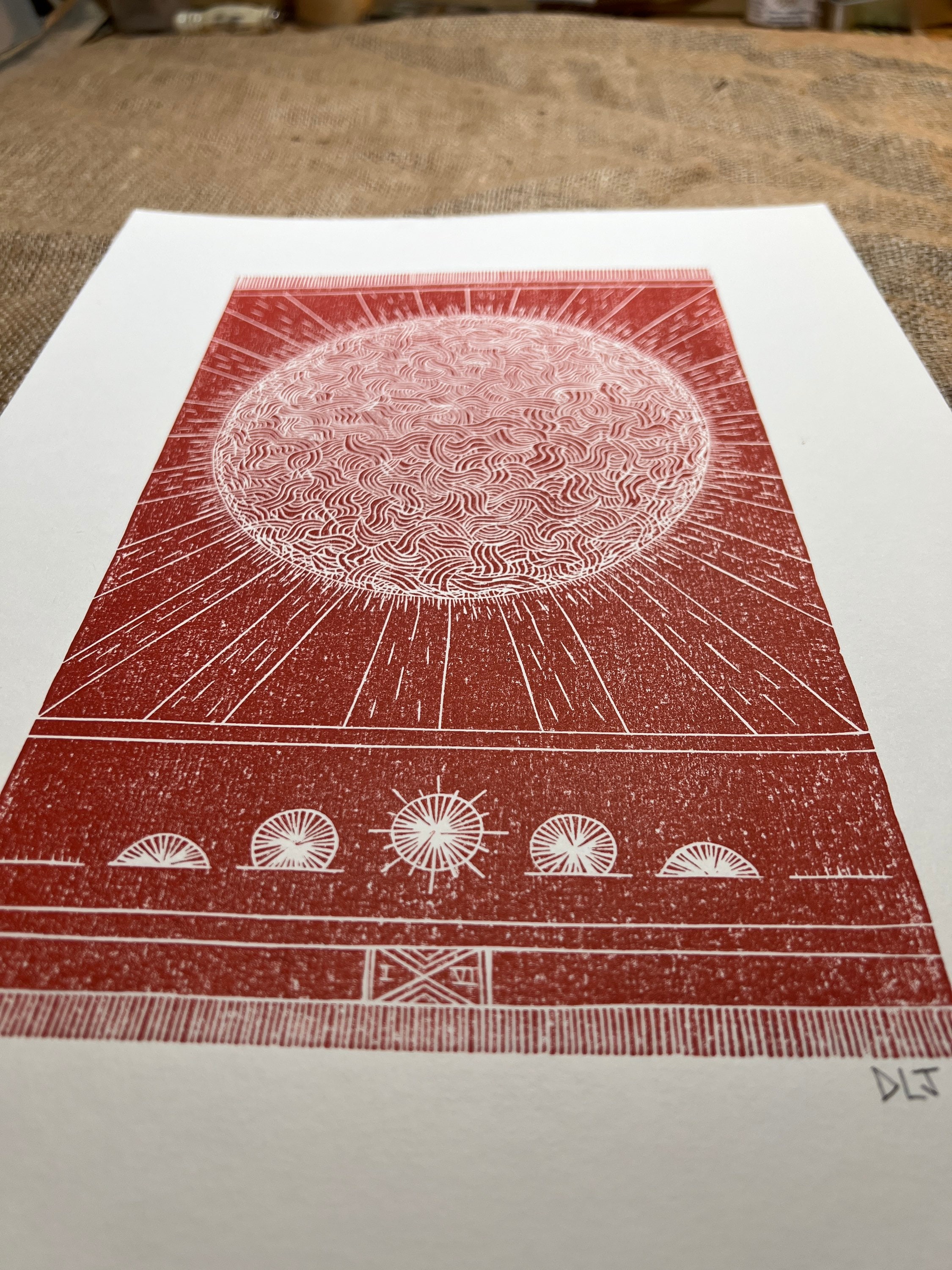 Large Sun Rays Lino Print, Original Art Print. Burnt Orange Linocut ...