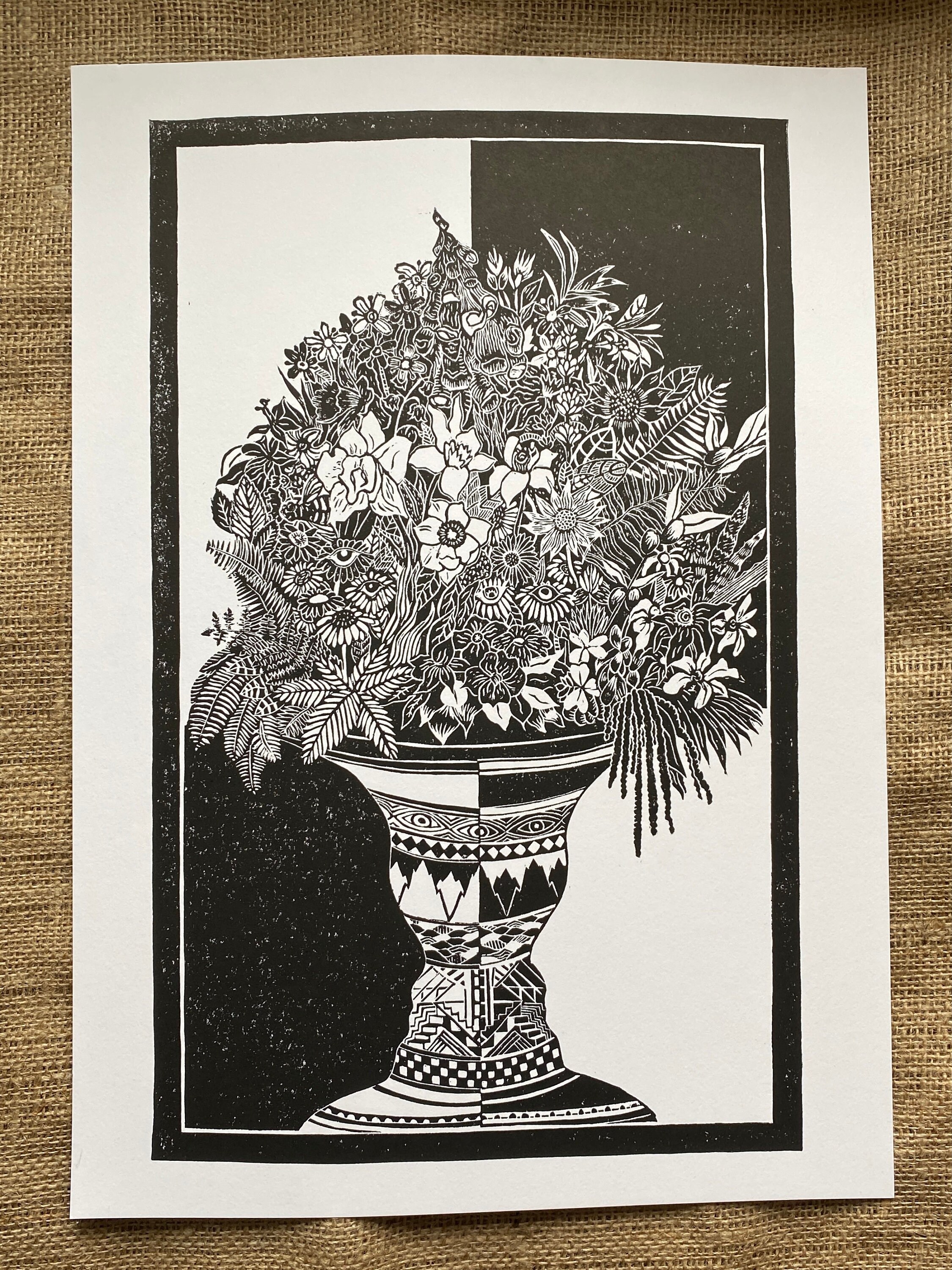 Self Reflection Vase of Flowers Lino Print, Relating to Mental Health ...