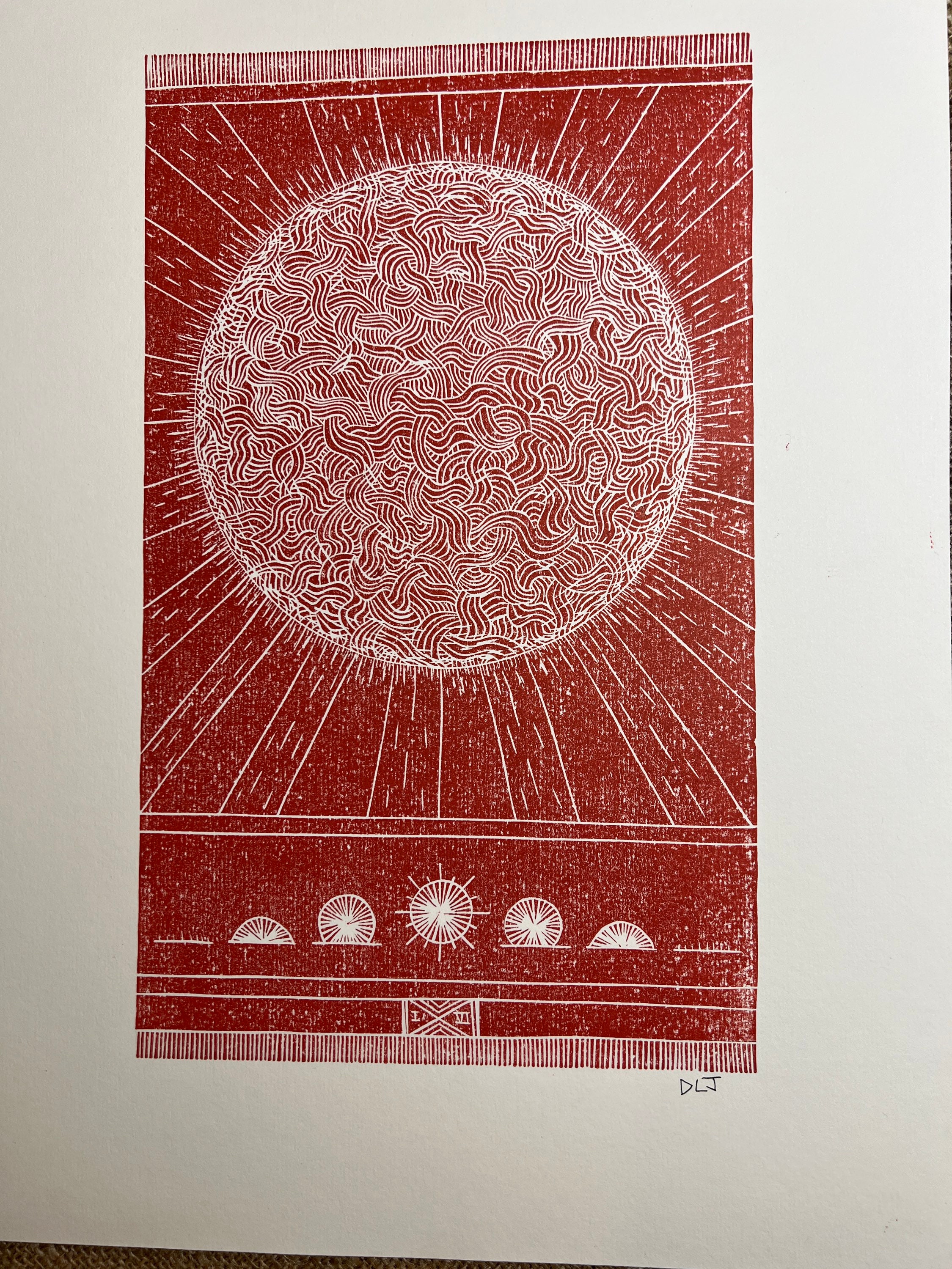 Large Sun Rays Lino Print, Original Art Print. Burnt Orange Linocut ...