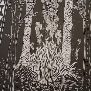 Woodland Camp Fire Lino Print, Handmade Linocut Original Art Print ...