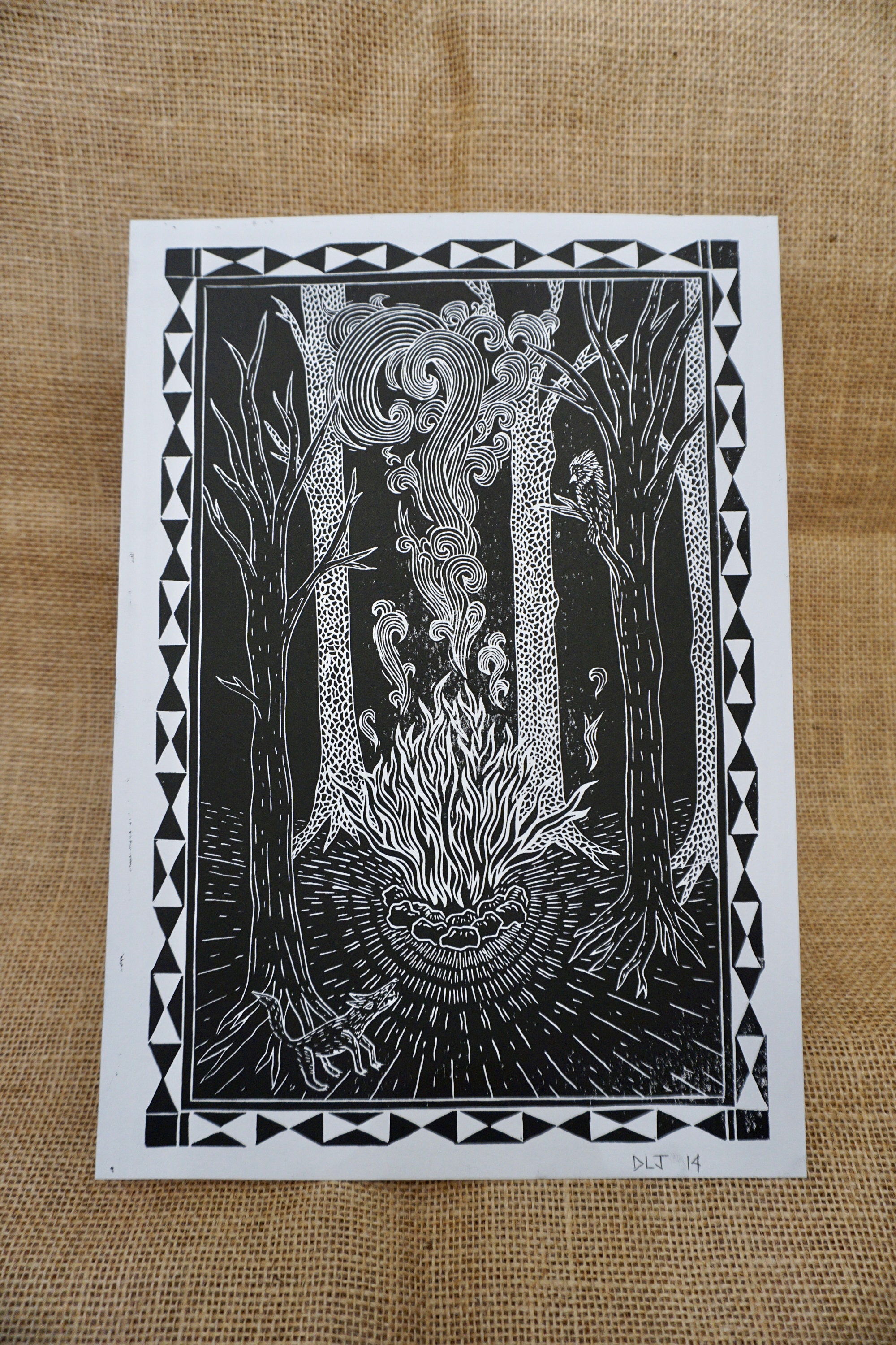 Woodland Camp Fire Lino Print, Handmade Linocut Original Art Print ...