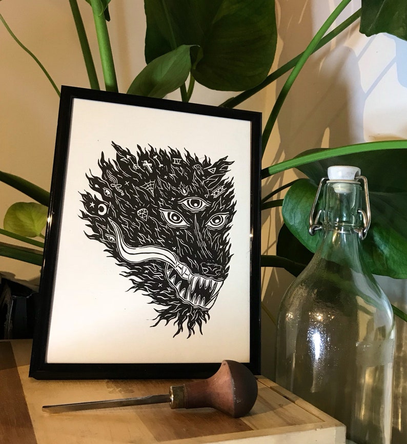 Wolf Linocut Art Print 8x6" Lino Print, Traditional Handmade Wall Art ...
