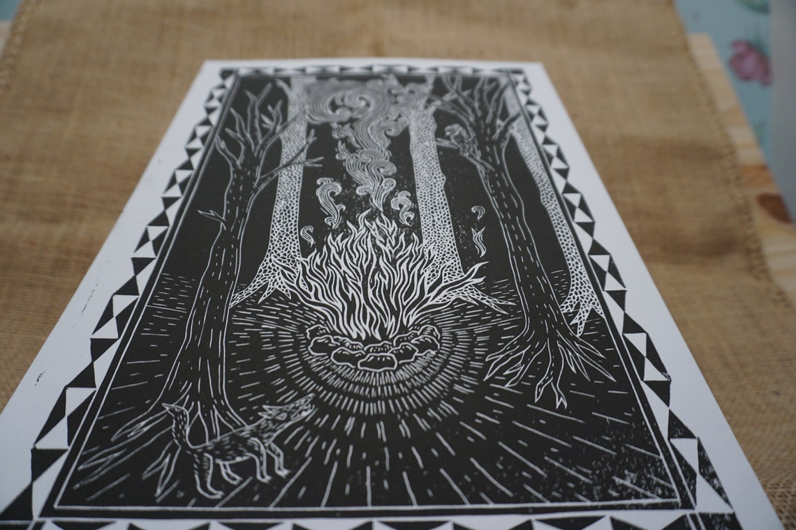Woodland Camp Fire Lino Print Handmade Linocut Original Art | Etsy