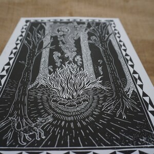 Woodland Camp Fire Lino Print, Handmade Linocut Original Art Print ...