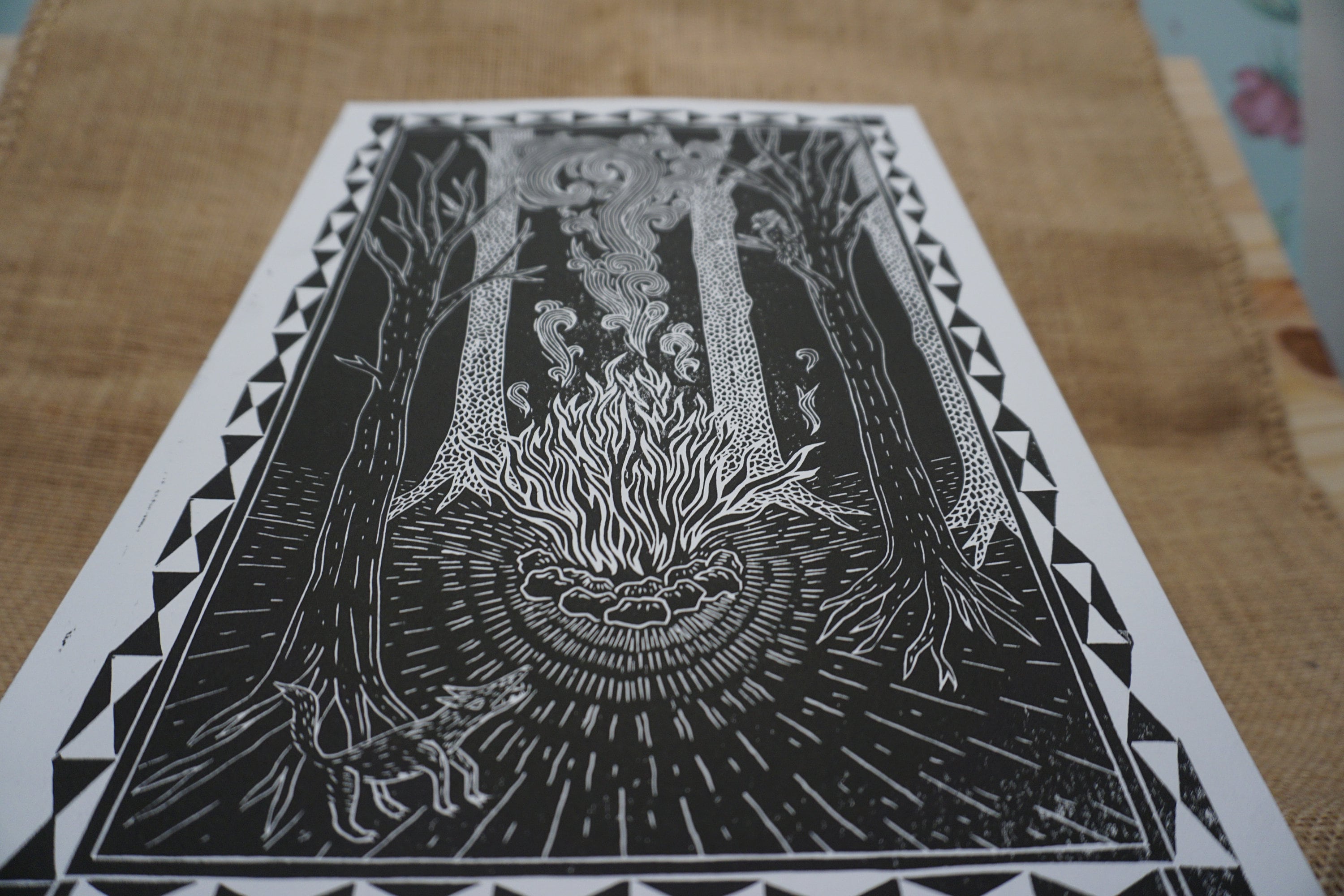 Woodland Camp Fire Lino Print Handmade Linocut original Art | Etsy