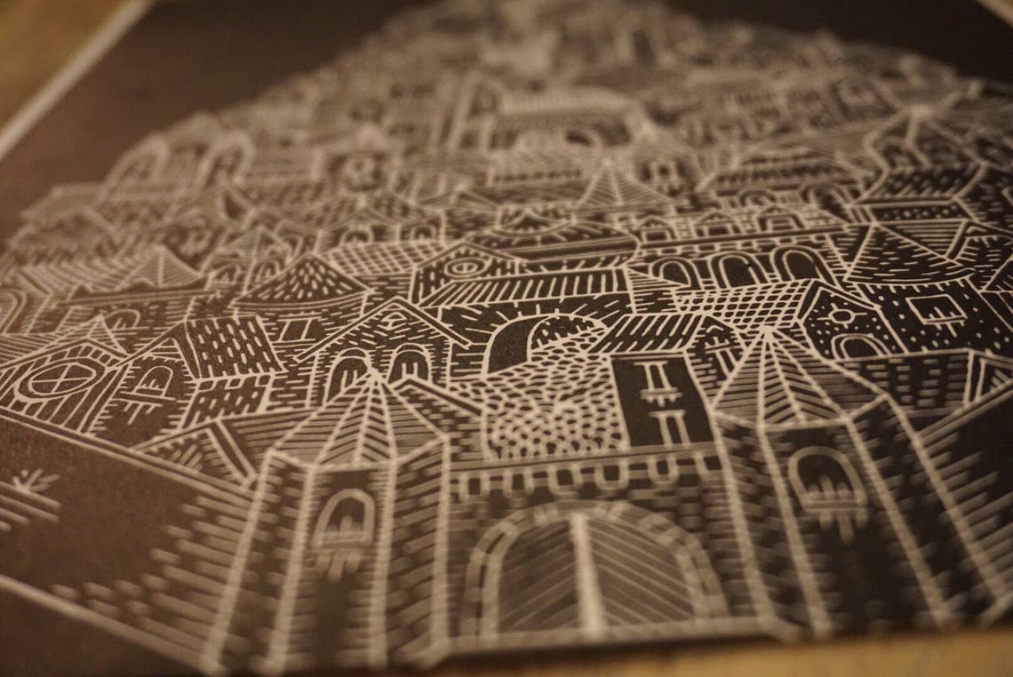 Walled City Lino Print Linocut print A4 Black & White | Etsy